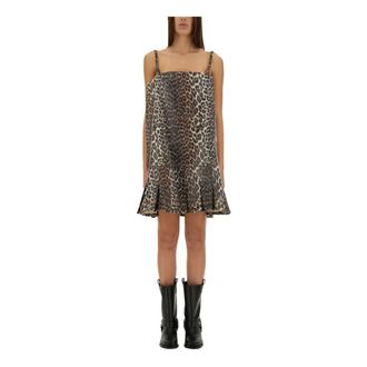 Ganni Foil Print Denim Strap Dress - - Dresses - Damen - Braun - S