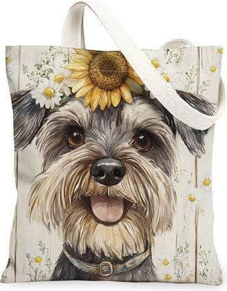 Generic Sac fourre-tout en toile rustique en bois schnauzer pour faire du shopping, 33 x 38,1 cm, sac d&eacute;picerie r&eacute;utilisable pour femme, peinture danimaux dom