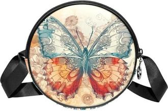 Generic Sac &agrave; bandouli&egrave;re rond pour femme, motif papillon vintage, petit sac &agrave; bandouli&egrave;re avec fermeture &eacute;clair, bretelles r&eacute;glables, sac &agrave; main rond d&eacute;contr