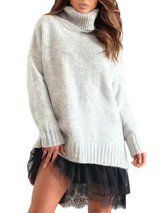 Generic Ensemble mini robe pull &agrave; col roul&eacute; avec robe en dentelle pour femme, haut surdimensionn&eacute; en tricot 2 pi&egrave;ces et jupe superpos&eacute;e, gris, XXL