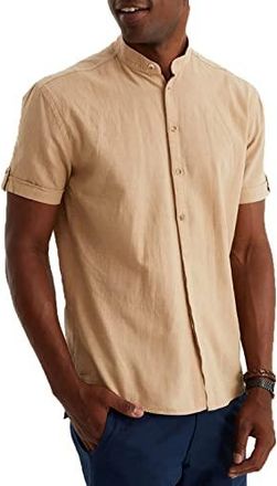 LEIF NELSON Chemise d&eacute;t&eacute; en lin pour homme - Manches courtes - Henley pour les loisirs et le travail - M&eacute;lange de lin et de coton - Coupe droite, beige, S