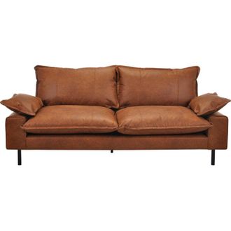 Miliboo Sofa aus Leder in Antikoptik in Cognacbraun und schwarzem Metall 3-Sitzer DORY
