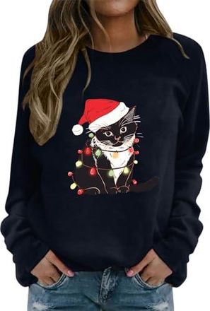 Generic Pull Femme Chic Et Elegant, Sweat-Shirt de Noël décontracté à col Rond et Manches Longues Raglan pour Femme - Super Mignon - Petite - Imprimé Chat esp