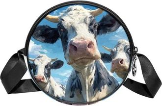 Generic Sac &agrave; bandouli&egrave;re Circle pour femme, imprim&eacute; vache bleu, petit sac &agrave; bandouli&egrave;re avec fermeture &eacute;clair, bretelles r&eacute;glables, sac &agrave; main rond d&eacute;contrac