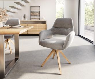 DELIFE Esszimmerstuhl Yago-Flex mit Armlehnen Samt Grau Holzgestell kantig Natur Taschenfederkern, Esszimmerst&uuml;hle