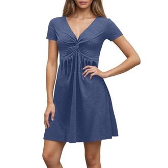 Generic Robe d&eacute;t&eacute; d&eacute;contract&eacute;e &agrave; manches courtes avec col en V et noeud sur la poitrine, bleu, XXL