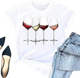 Keephen Verre &agrave; Vin Rouge F&ecirc;te &agrave; Boire T-Shirt Impression 3D Femmes Manches Courtes Col Rond Pullover Casual Vacances Tops