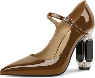 EDEFS Escarpins Femme Prêts pour lÉvénement Mary Jane en Cuir Verni Talon Haut Bloc 9 cm Accents de Strass Cristal Étincelant Bout Pointu pour Mariages Gala