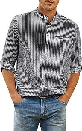 Generic Chemise en lin blanc pour homme - Chemise boutonn&eacute;e en lin pour gar&ccedil;on - Chemise fine blanche &agrave; manches longues - Coupe ajust&eacute;e - Col en V - T-shirt d