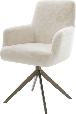 DELIFE Esszimmerstuhl Heira-Flex mit Armlehnen Kreuzgestell breit Effektfinish Titan Pl&uuml;sch Creme-Wei&szlig; 360&deg; drehbar Wippfunktion Taschenfederkern