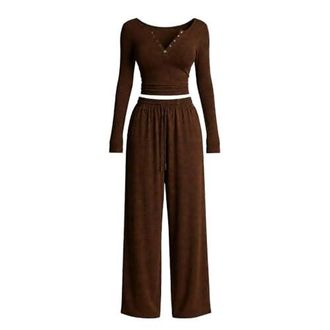 Generic YUJIEBB - Pyjama sexy pour femme, coupe serr&eacute;e, boutonn&eacute;e, col en V, manches longues, cordon de serrage, pantalon long, ensemble deux pi&egrave;ces, d&eacute;contra