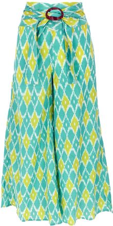 Guru Shop Luftige Sommerhose mit Kokosschnalle, Boho Palazzohose, Weite Baumwollhose - Grün/gelb, Damen, Baumwolle, Size:L