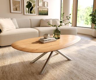 DELIFE Couchtisch Edge Oval 140x75 cm Eiche Natur Runde Kante Sarity Edelstahl geb&uuml;rstet, Couchtische