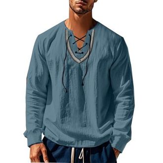 Generic Chemise d&eacute;t&eacute; en coton et lin pour homme - Chemise d&eacute;contract&eacute;e en coton et lin - Col rond - Manches longues - Tunique classique, bleu, 3XL