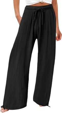Generic Pantalon en coton et lin pour femme - Jambe large - Pantalon de plage d&eacute;t&eacute; confortable - Pantalon de yoga Palazzo - XIYU26078, Noir, 3XL