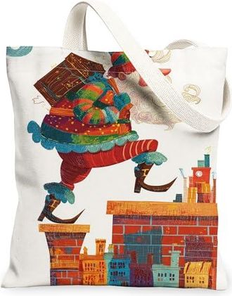 Generic Sacs fourre-tout en toile motif P&egrave;re No&euml;l - Illustration color&eacute;e - R&eacute;utilisables - Fancieux - L&eacute;gers et lavables, blanc, 13x15 Inch