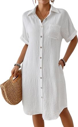 Bsubseach Womens Badeanzug Cover Up Long Button Down Badeanzug Cover Ups Kurzarm Sommer Strand Shirt Kleid mit Taschen Wei&szlig; XXL