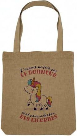 Fabulous Sac Shopping Tote Bag Aspect Lin - Licorne - Largent ne Fait Pas le Bonheur Animal Mignon Sac de Courses Toile Epaisse 360g Beige Naturel Cabas Port&eacute; 