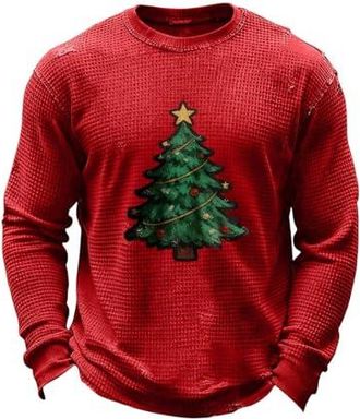 Generic DENGJIAMY Chemise gaufrée de Noël à manches longues pour homme - T-shirt à col rond - T-shirt amusant pour les vacances, Rouge, XXL