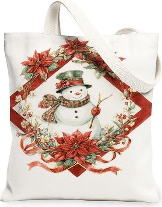 Generic Sacs fourre-tout festifs en toile, motif bonhomme de neige, sacs de courses r&eacute;utilisables, vintage de vacances, floral, l&eacute;ger, lavable, toile pour cad