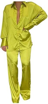 Generic Femme Ensemble 2 Pi&egrave;ces Costume Satin Bouton Manches Longues Chemisier Blouse + Pantalon Ensemble de Pyjama Jogging Yoga Outfits