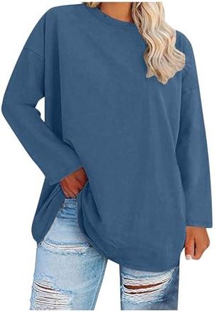 Generic Chandails en molleton pour femmes, grande taille, manches longues, col rond, pulls doux, couleur unie, chemises tuniques élégantes, sweat-shirt confor