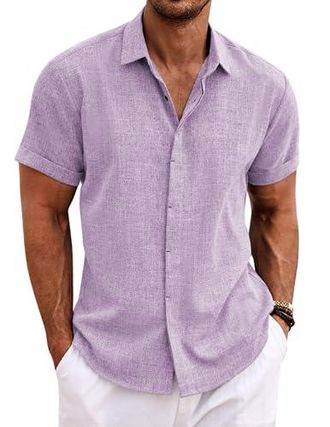 Coofandy Chemise d&eacute;t&eacute; &agrave; manches courtes en lin pour homme, coupe droite, boutonn&eacute;e, hawa&iuml;enne, pour les vacances, violet, XXL