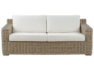 Beliani Klassisches Gartensofa Hellbraun mit Auflagen in Cremewei&szlig; Rattan 2-Sitzer Ardea