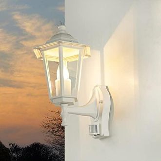 Licht-Erlebnisse Applique dext&eacute;rieur avec d&eacute;tecteur de mouvement Paris en blanc design lanterne dans un style rustique &eacute;tanche IP44 1xE27 id&eacute;al pour le jardin, la terr