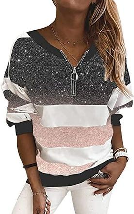 Onsoyours Sweat Femme Zipp&eacute; Col V Manche Longue Imprim&eacute; Ray&eacute; Automne Hiver Pullover Sweatshirt D&eacute;contract&eacute; Ample L&acirc;che L&eacute;ger Surv&ecirc;tement Sport Pull Blouse Chemi