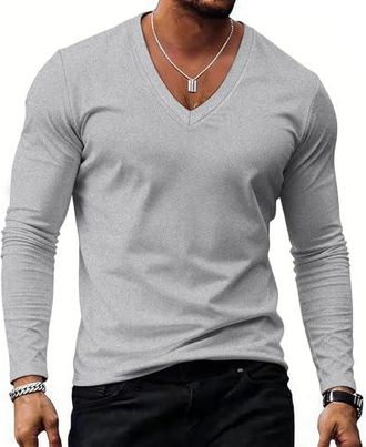 Generic T-shirt &agrave; manches longues pour homme - Col en V - Manches longues - Respirant - Coupe ajust&eacute;e - Couleur unie - Stretch, Gris clair (01), XXL
