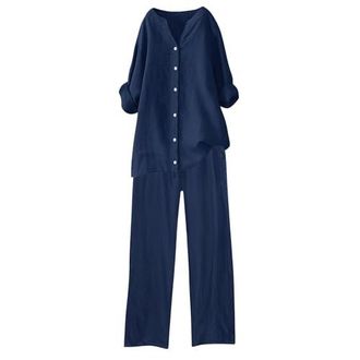 Generic Surv&ecirc;tement deux pi&egrave;ces pour femme en lin d&eacute;contract&eacute; &agrave; col rond et manches 3/4, pantalon &agrave; jambe large avec poches, v&ecirc;tement de d&eacute;tente pour femme, p