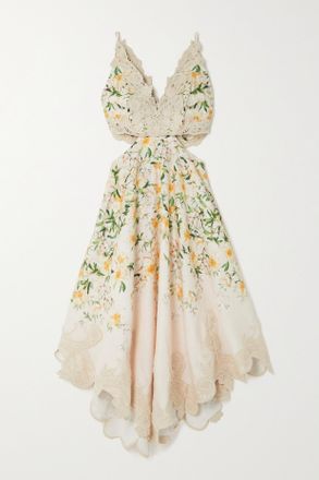 Zimmermann Coaster Battenburg Midikleid Aus Leinen Mit Blumenprint, Spitzenapplikationen Und Cut-outs - Pink