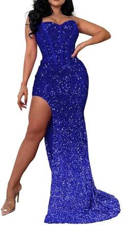 Generico Robe longue avec décolleté et épaules dénudées et paillettes pour invités de mariage, bleu, XX-Large
