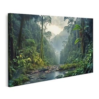 Islandburner Tableau sur toile Forêt Tropicale Paysage Arbres Brouillard Belle Forêt Végétation Rivière Jungle Cadre Affiche Poster Murale Tableaux