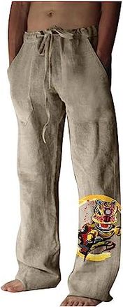 Generic Pantalon en lin pour hommes respirant : pantalon d&eacute;t&eacute; avec imprim&eacute; pantalon de plage avec taille &eacute;lastique pantalon de loisirs jambe droite pantalon &agrave;