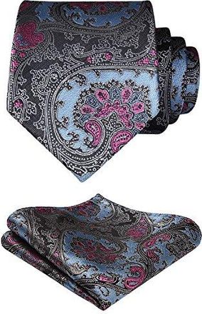 Hisdern Floral Paisley Wedding Tie Mouchoir Cravate et pochette pour hommes,Taille unique,Bleu et Rose et Gris