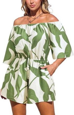 Cupshe Grenouill&egrave;re tropicale &agrave; &eacute;paules d&eacute;nud&eacute;es et manches mi-longues pour femme, jambes larges, ceintur&eacute;e, combinaison d&eacute;t&eacute; d&eacute;contract&eacute;e, Vert (tweed), L