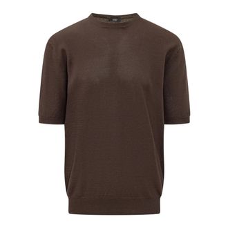 Hosio Pullover mit Rundhalsausschnitt und kurzen &Auml;rmeln - - Knitwear - Herren - Braun - XL