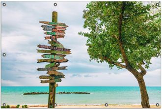 Wallario Outdoor-Poster f&uuml;r Garten oder Balkon Wegweiser im Paradies, Motivbanner Gr&ouml;&szlig;e: ca. 100 x 150 cm, Outdoor-Bild