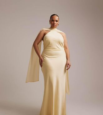 Asos Curve ASOS DESIGN Curve - Robe longue de demoiselle dhonneur en satin &agrave; dos nu et foulard - Citron-Jaune