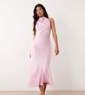 KAIIA Exklusives Satin-Maxikleid in Babyrosa mit hochgeschlossenem Wasserfallausschnitt sowie Spitze am R&uuml;cken