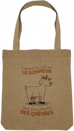 Fabulous Sac Shopping Tote Bag Aspect Lin - Ch&egrave;vre - Largent ne Fait Pas le Bonheur Animaux Mignon Sac de Courses Toile Epaisse 360g Beige Naturel Cabas Port&eacute; 