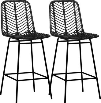 HOMCOM Homcom - Lot de 2 tabourets de bar style colonial - Acier &eacute;poxy et r&eacute;sine tress&eacute;e aspect rotin noir - Hauteur dassise 66 cm - Charge max 120 kg