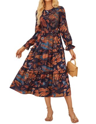 Grace Karin Herbstkleid Damen Langarm Strandkleider Lose Rund Ausschnit Midikleid mit leicht und luftig CL146-01 XL