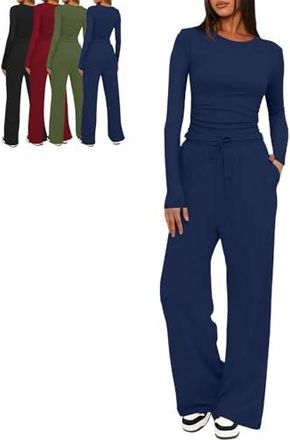 Generic Ensemble d&eacute;contract&eacute; pour femme T-shirt fronc&eacute; et pantalon &agrave; cordon de serrage, E, XXL