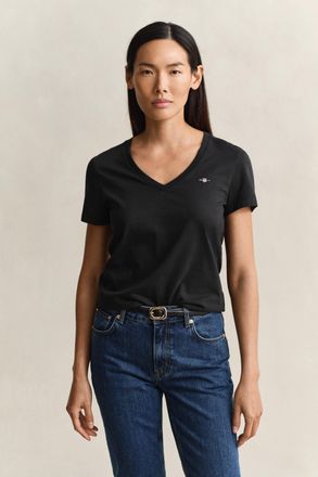 GANT Damen Shield V-Neck T-Shirt (XXXL) Schwarz
