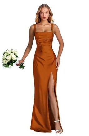 Generic Robe de demoiselle dhonneur en satin pour femme - Robe de bal sir&egrave;ne - Bretelles spaghetti - Corset long pliss&eacute; - Robe de soir&eacute;e formelle avec fente, 