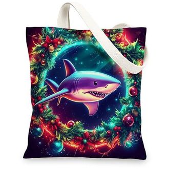 Generic Sac fourre-tout en toile motif requin de No&euml;l pour faire du shopping, 33 x 38,1 cm, sac d&eacute;picerie sous-marin r&eacute;utilisable pour femme, peinture esth&eacute;ti