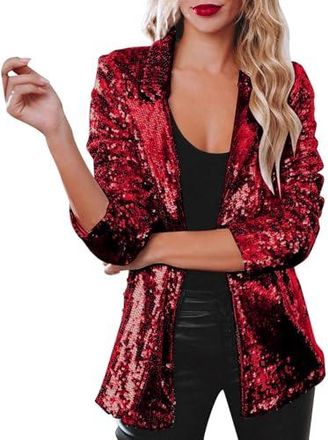 Generic Blazer &agrave; paillettes pour femme - Blazer &eacute;l&eacute;gant &agrave; paillettes ouvert sur le devant - Veste d&eacute;contract&eacute;e &agrave; manches longues et &eacute;paules rembourr&eacute;es - Vest
